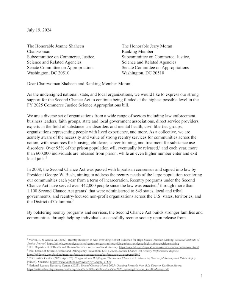 (07/19/2024): FY 25 Senate Second Chance Act Support Letter